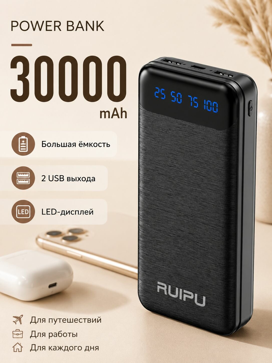 Повербанк 30000 mAh (30000 мАч), внешний аккумулятор для телефона, power bank с быстрой зарядкойчерный