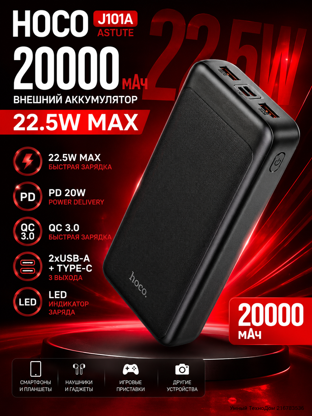 Внешний аккумулятор HOCO J101A Astute 20000 мАч, 22.5W, PD20W, QC3.0, USB-C, черный
