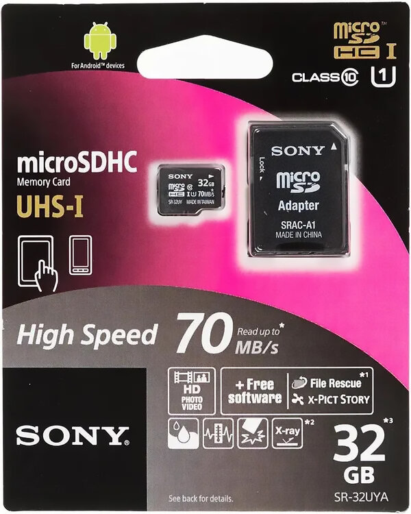 Sony 32 ГБ Карта памяти microSDHC Classic, Class 10, UHS-I, запись - 70 Мбайт/сек, чтение - 70 Мбайт/сек, Карта памяти microSDHC 32GB SD-адаптер