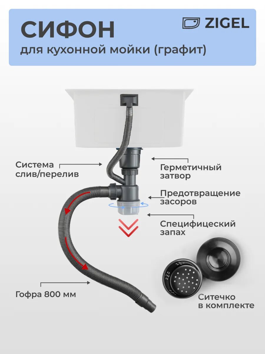 Сифон сливной для кухонной мойки 110/90 мм, Графит