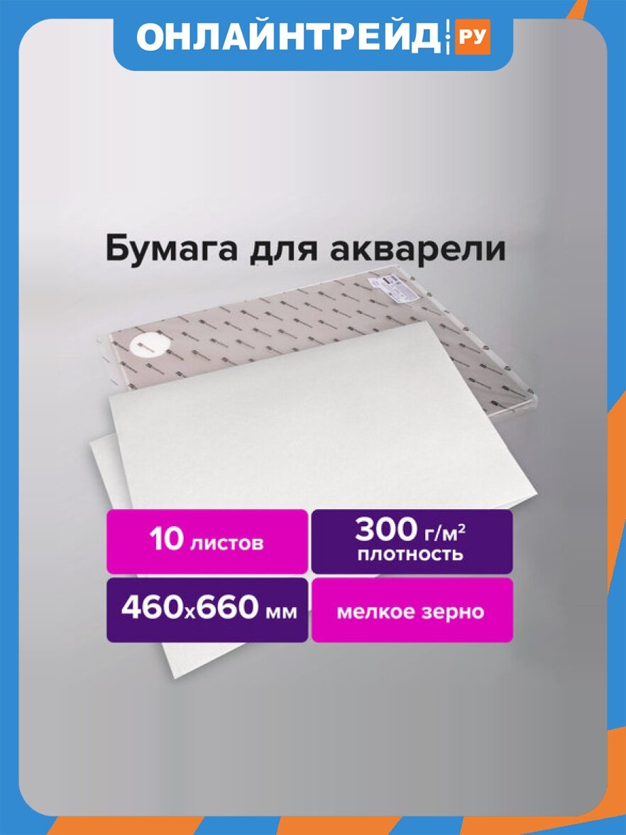 Бумага для акварели Brauberg 300 г/м2 460x660 мм мелкое зерно, 10 листов, ART PREMIERE, 113232