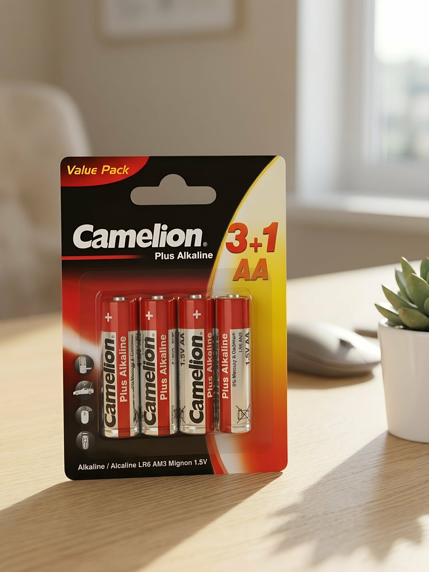Батарейки Camelion Alkaline Plus AA LR6 1.5В, щелочные пальчиковые элементы питания, набор 4 штуки (3+1), блистер, 15545