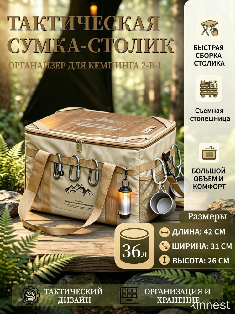 Тактическая сумка-столик Kinnest, 36л, 42х31х26 см, 2-в-1 съемная столешница, для кемпинга
