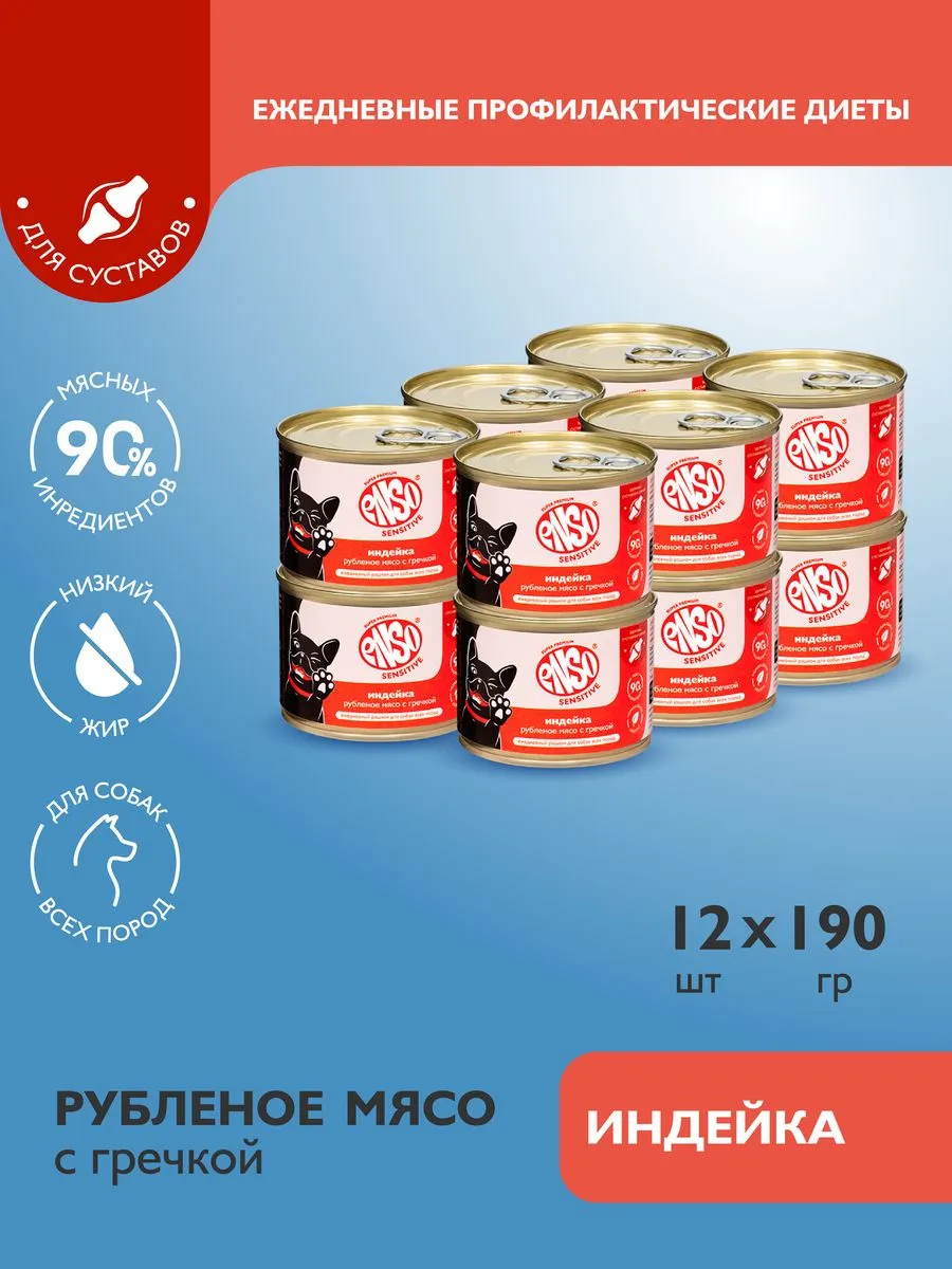 Влажный корм для собак ENSO SENSITIVE рубленое филе индейки с гречкой для здоровья суставов и связок 12 шт х 190 гр