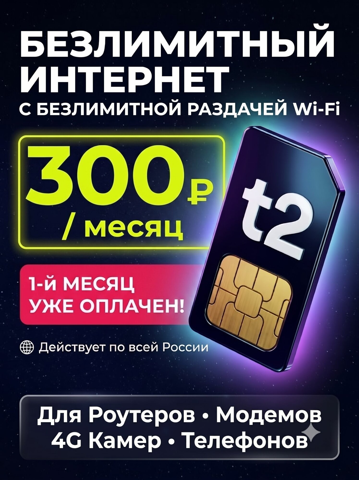 Сим карта Т2 (симка t2) безлимитный интернет 3G/4G/LTE и раздачей для роутера, модема, камер видеонаблюдения. Тариф t2 Партнер М 1000 минут и 200 SMS по всей России 300 р/мес.