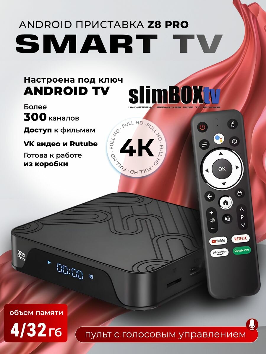 Смарт ТВ приставка Z8 PRO с прошивкой SlimBox ATV 4/32 Гб Allwinner H618 Android 12 Smart TV Box UHD 4K Media Player