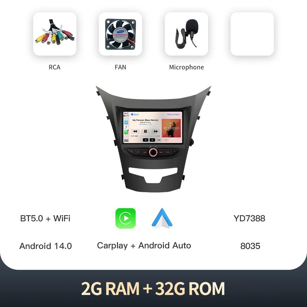 Автомагнитола Android 14 7" для Ssangyong Korando 2014-2015, CarPlay, BT5.0, WIFI, 2