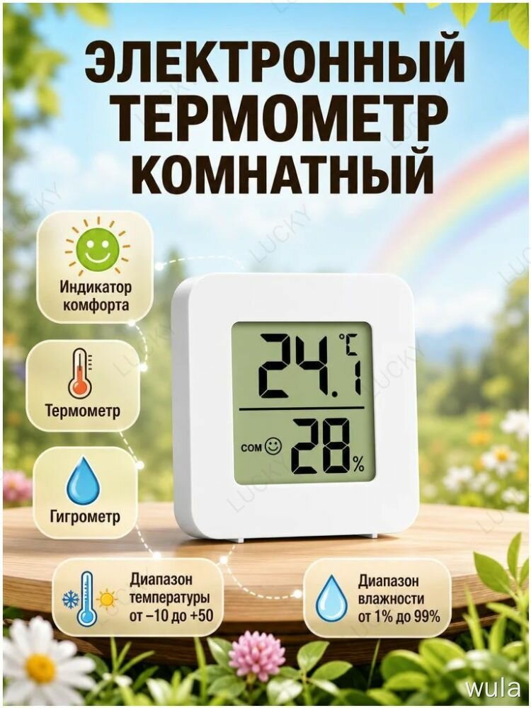 Электронный термометр BEYOND с гигрометром комнатный, цифровой, индикатор комфорта, температура -10 до +50°C, влажность 1% до 99% для дома