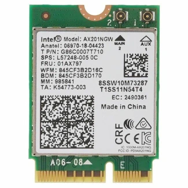 Плата сетевого контроллера Intel Wi-Fi 6 AX201, 2230, 2x2 AX+BT, No vPro,999TD0