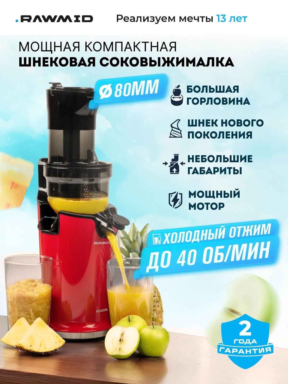 Соковыжималка шнековая электрическая мощная RAWMID Greenery RGJ-04 / Холодный отжим, горловина 80мм, 40 об/мин, красная