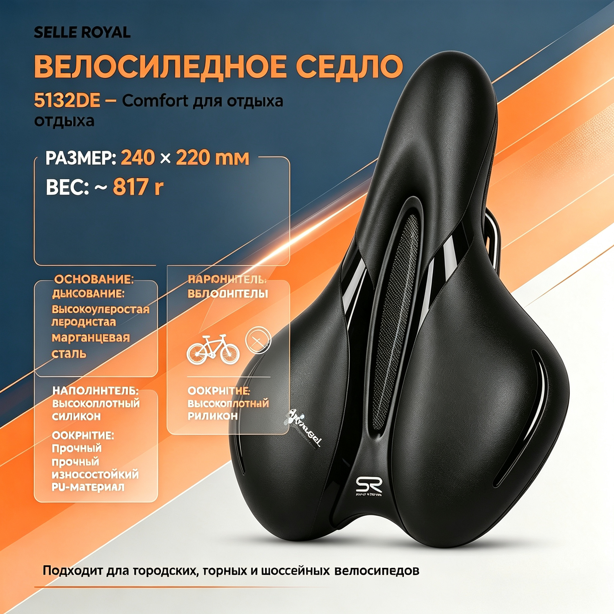 Седло Selle Royal 5132DE Respiro мягкое и расслабляющее, размер 240 X 220 мм унисекс, черное