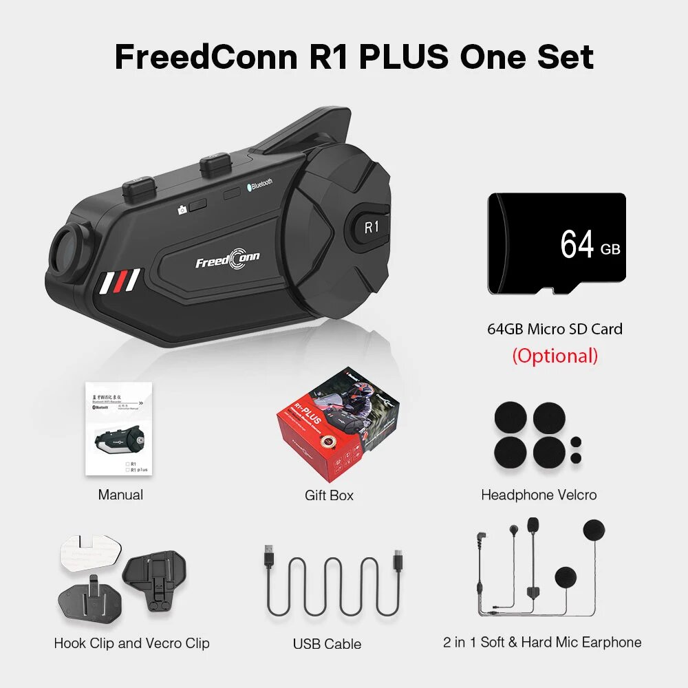 Bluetooth-гарнитура для мотоциклетного шлема с видеорегистратором, Wi-Fi, 1PcR1Plus64GB