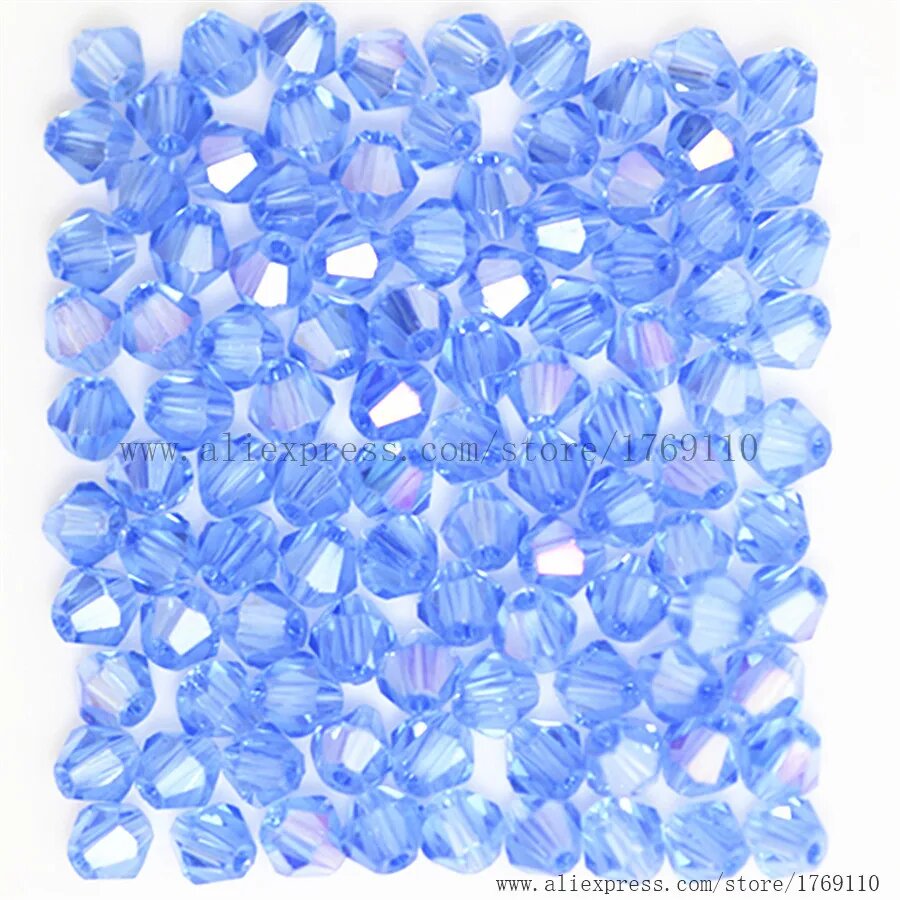 Стеклянные бусины биконе, синий light blue ab, 4 мм, 100 шт