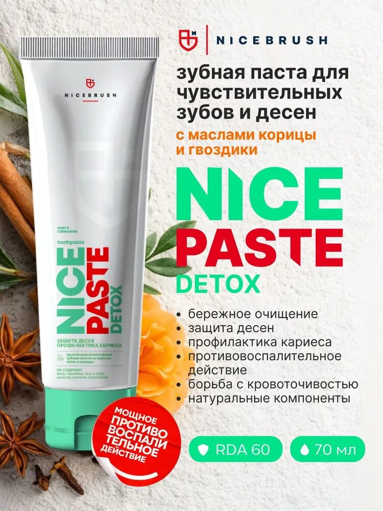 Зубная паста для чувствительных зубов и десен NICEPASTE DETOX, противовоспалительная, натуральная, против кровоточивости, снижение чувствительности зубов, от кариеса, без фтора. 70мл.