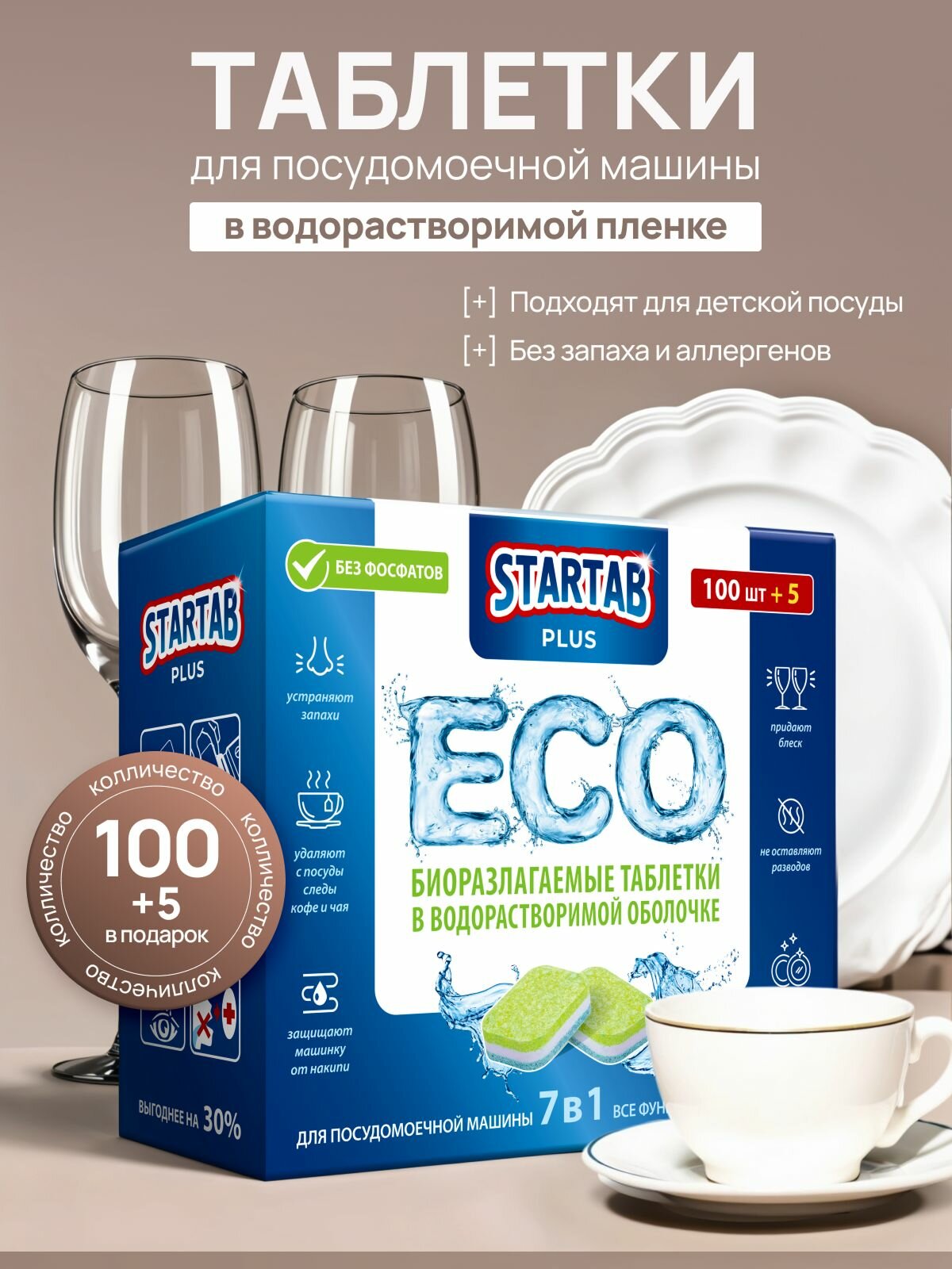 Эко Таблетки для мытья посуды посудомоечной машины 100 шт пмм