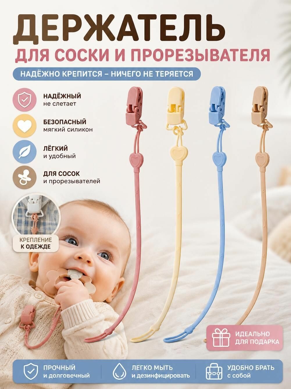 Держатель для соски пустышки / Прищепка для соски / Клипса зажим, набор 4 штуки. Длина 30 см. Силикон, пластик.