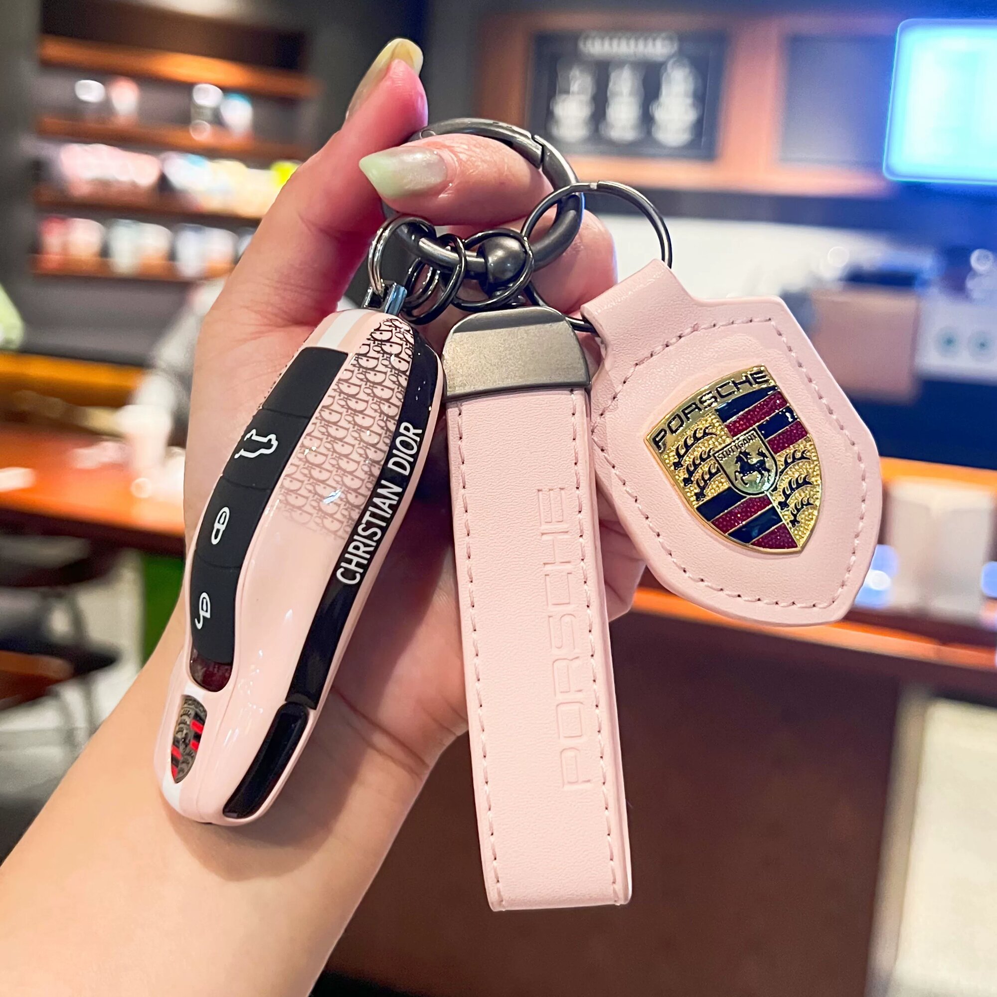Розовый чехол для брелока Dior для Порше Кайен, Макан, 718, Панамера, 911, Тайкан, 992 - Одиночный чехол с кожаным