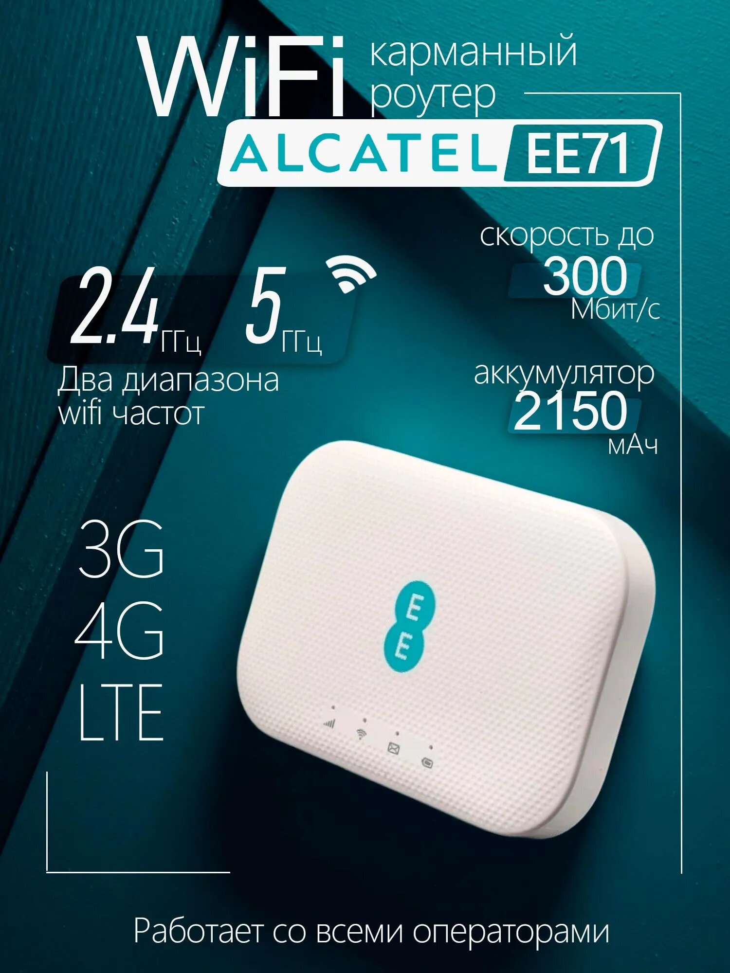 Карманный 4G Wi-Fi роутер Alcatel EE71 1167 Мбит/с, 5 ГГц, слот для сим карты