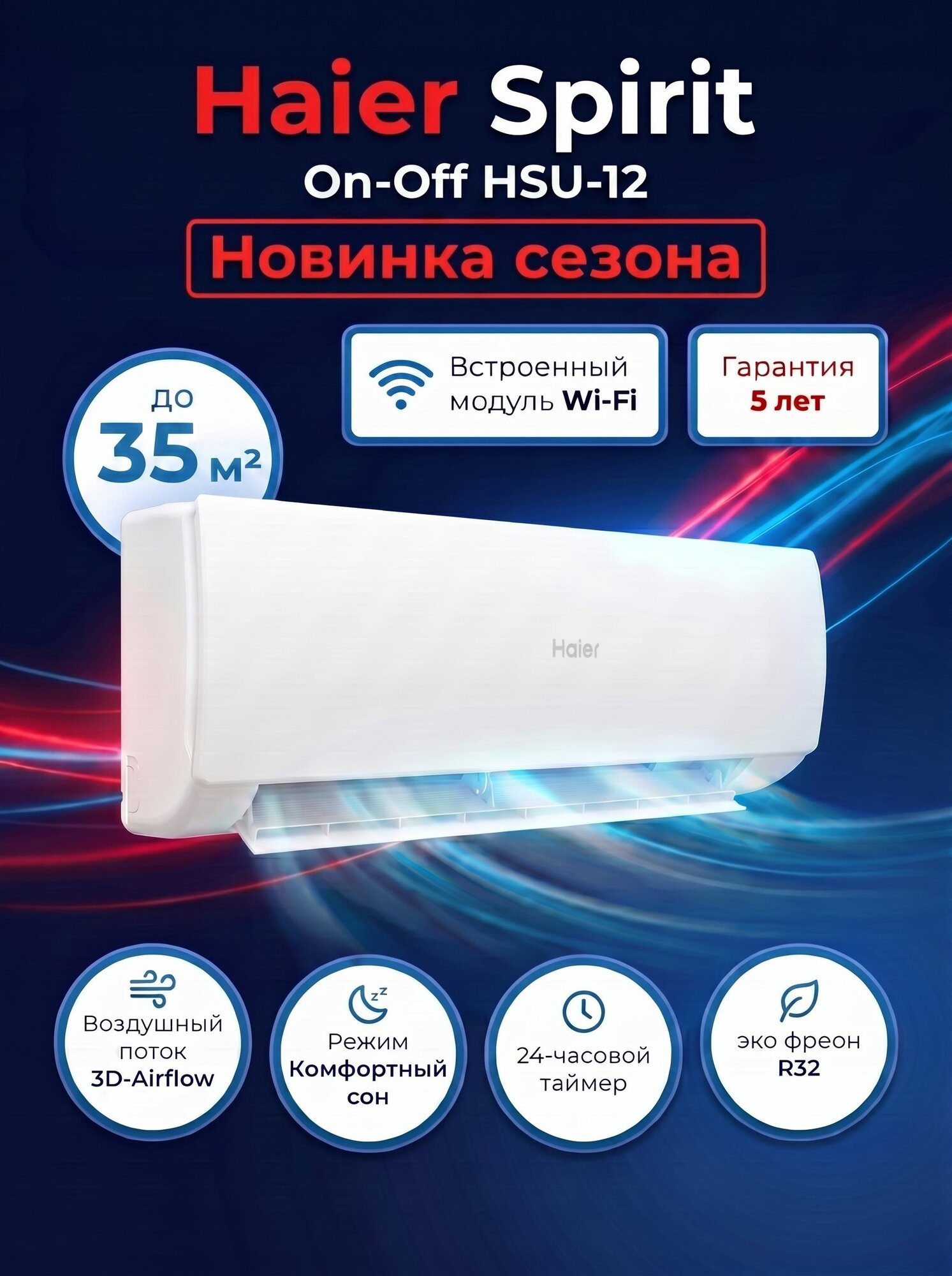 Сплит-система Haier Spirit On-Off HSU-12HSL103/R3-W/ HSU-12HSL103/R3 неинверторная, до 35 кв. м.