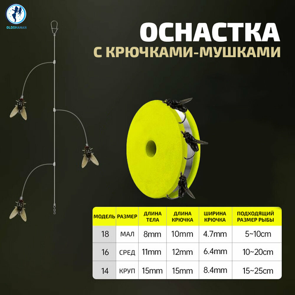 Оснастка с крючками-мушками (размер #14, крупный, мушка чёрная, 1шт)