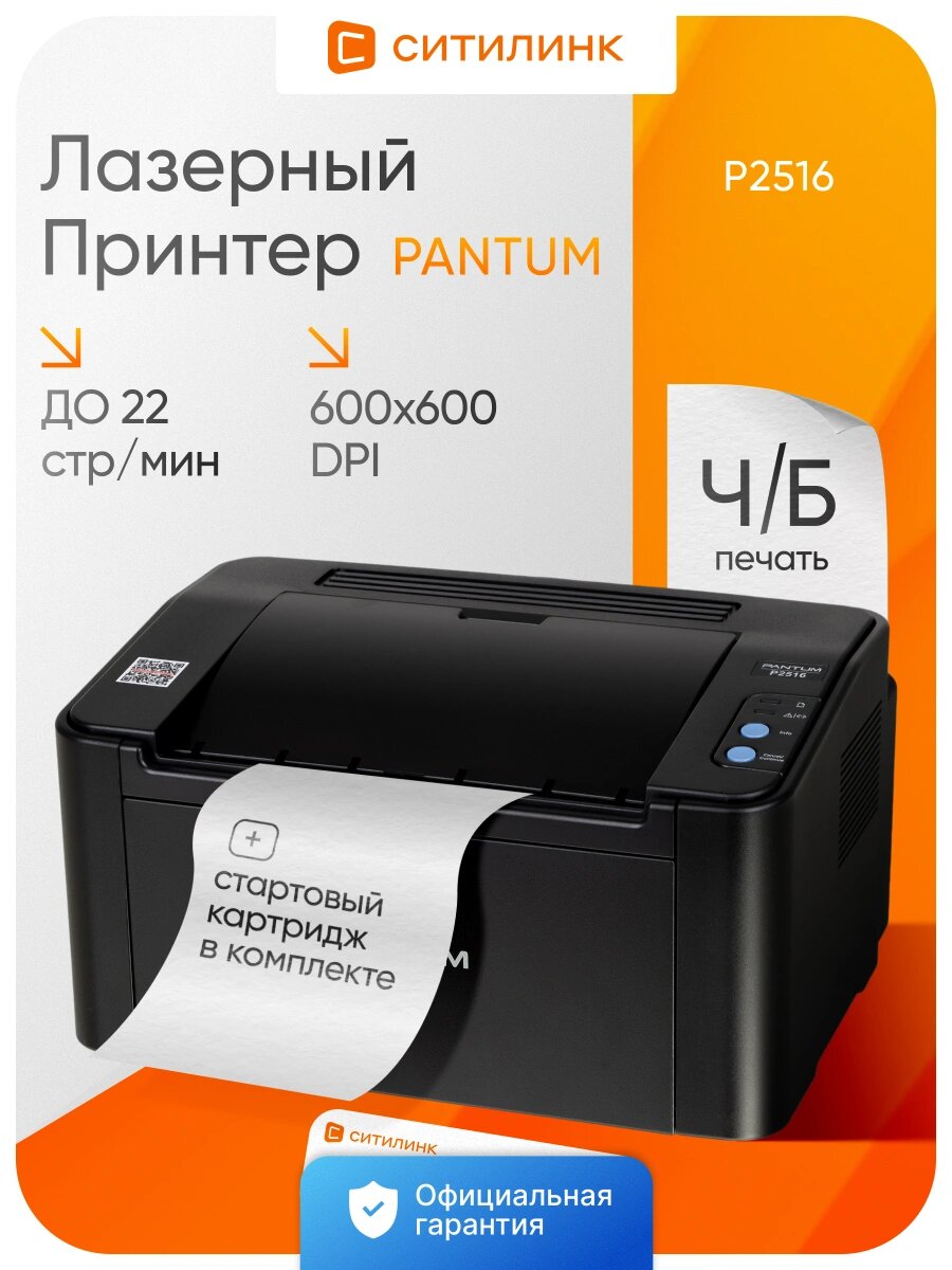Принтер лазерный Pantum P2516 для малого и среднего офиса черно-белый | A4, 22 стр/мин, USB, черный