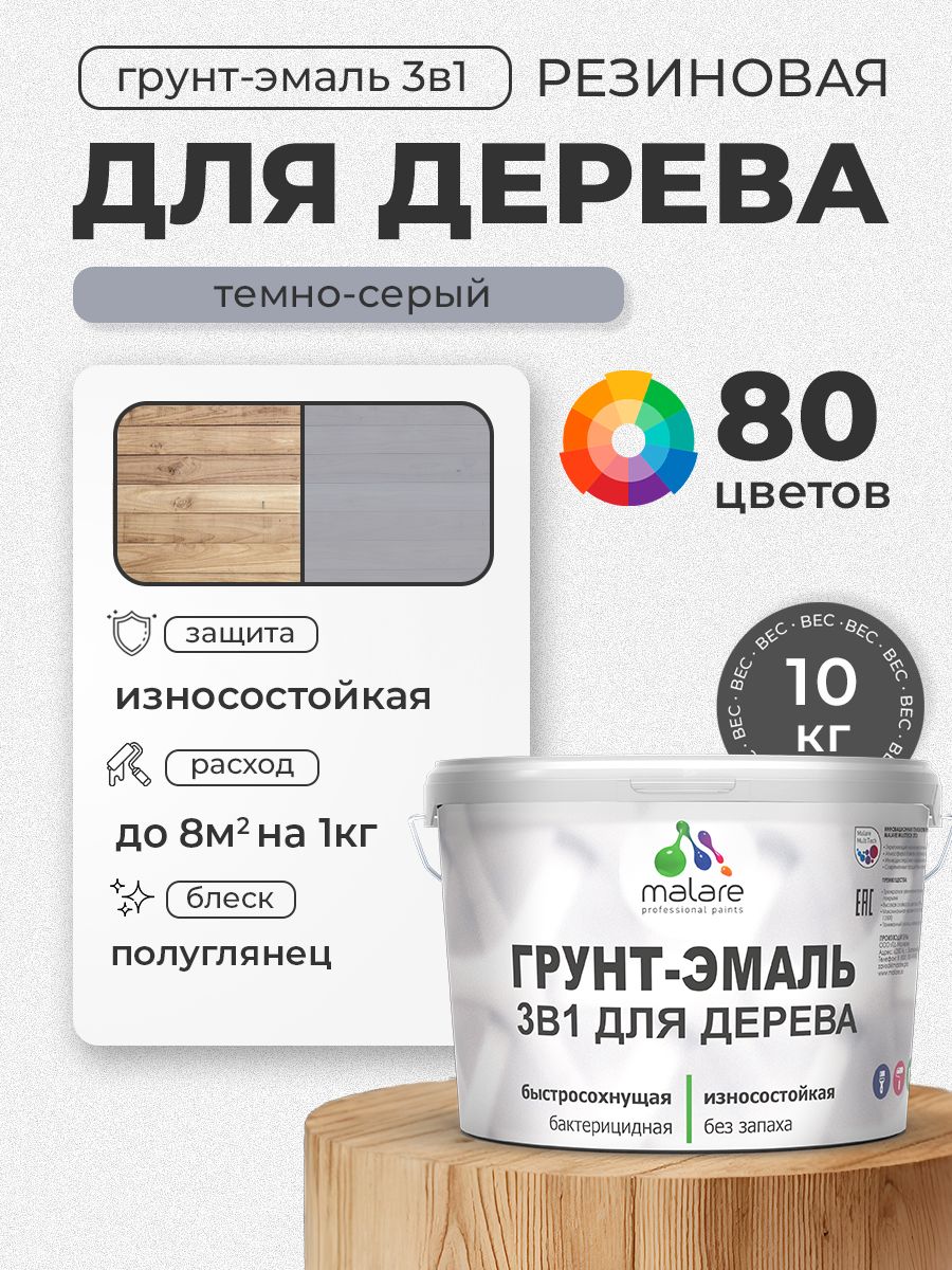 Резиновая Грунт-Эмаль 3 в 1 Malare для деревянных поверхностей/ краска по дереву с антисептическим эффектом/ быстросохнущая моющаяся без запаха полуглянцевая, темно-серый, 10 кг