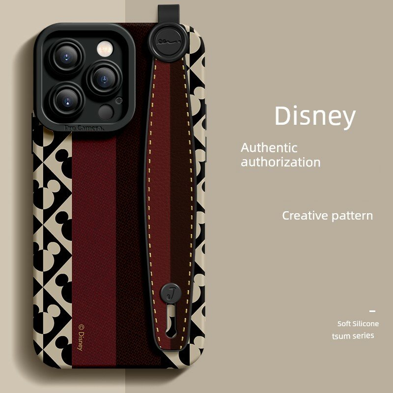 IPhone 16 Plus Yadan Chorny Vertikalnyy Diamantovyy Pattern Mickey Silikonovyy Remeshok s Otkrytiem dlya Ob'ektyva