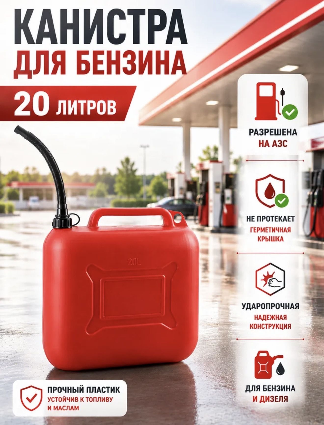 Канистра 20 л пластиковая для бензина и дизеля, герметичная, с гибким носиком и ручкой