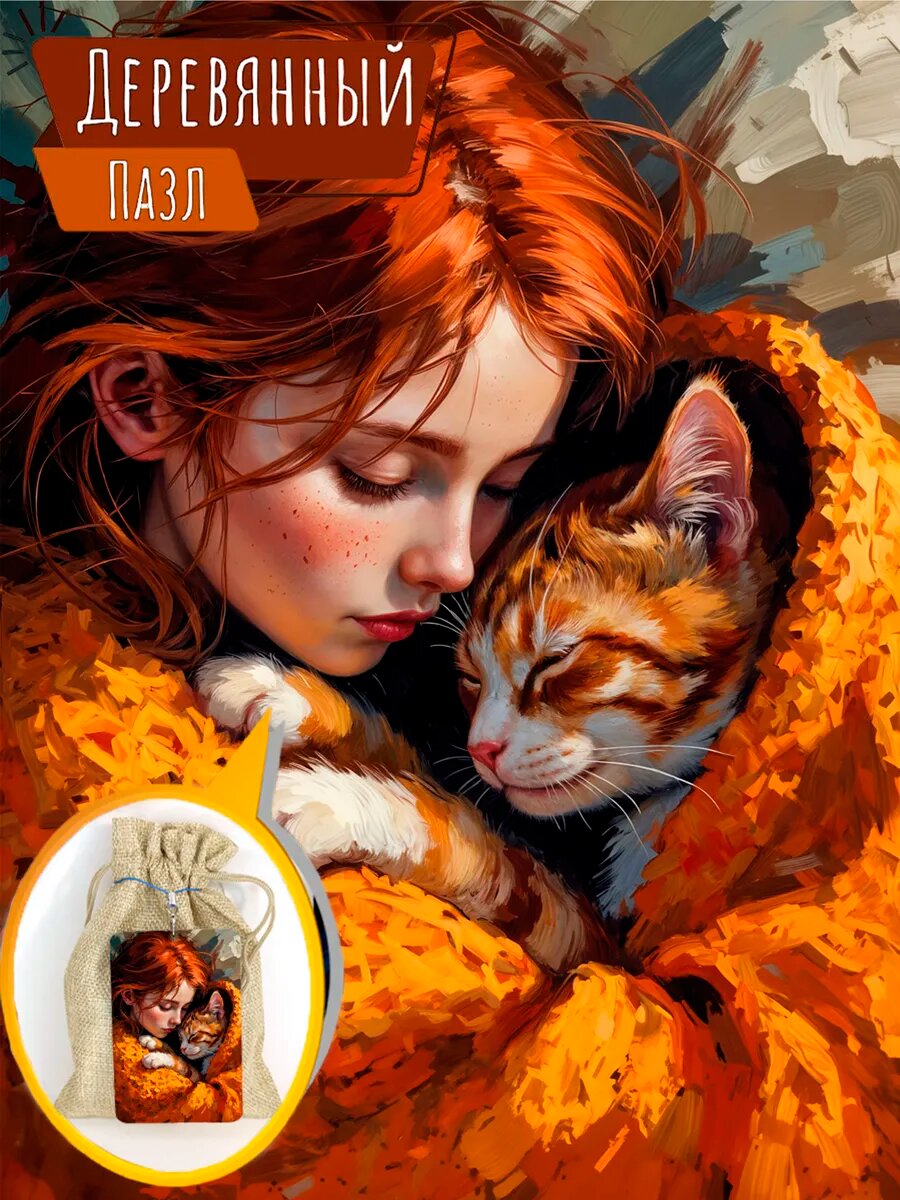 Деревянные пазлы девочка и кот