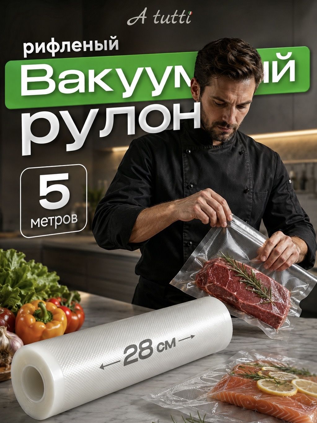 Пакеты для вакууматора 28х500 см. Рулон рифленый A tutti
