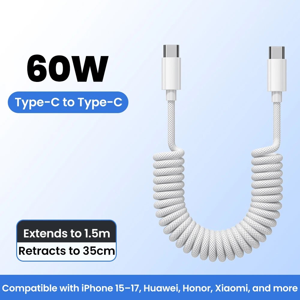 Кабель Type-C to Type-C 60W, 1.5м, пружина