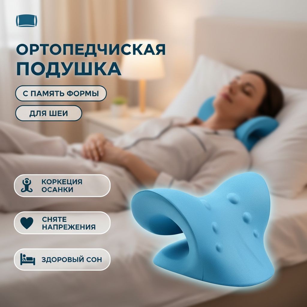 Ортопедическая подушка для шеи, с памятью формы, для исправления осанки, съемный чехол, синяя
