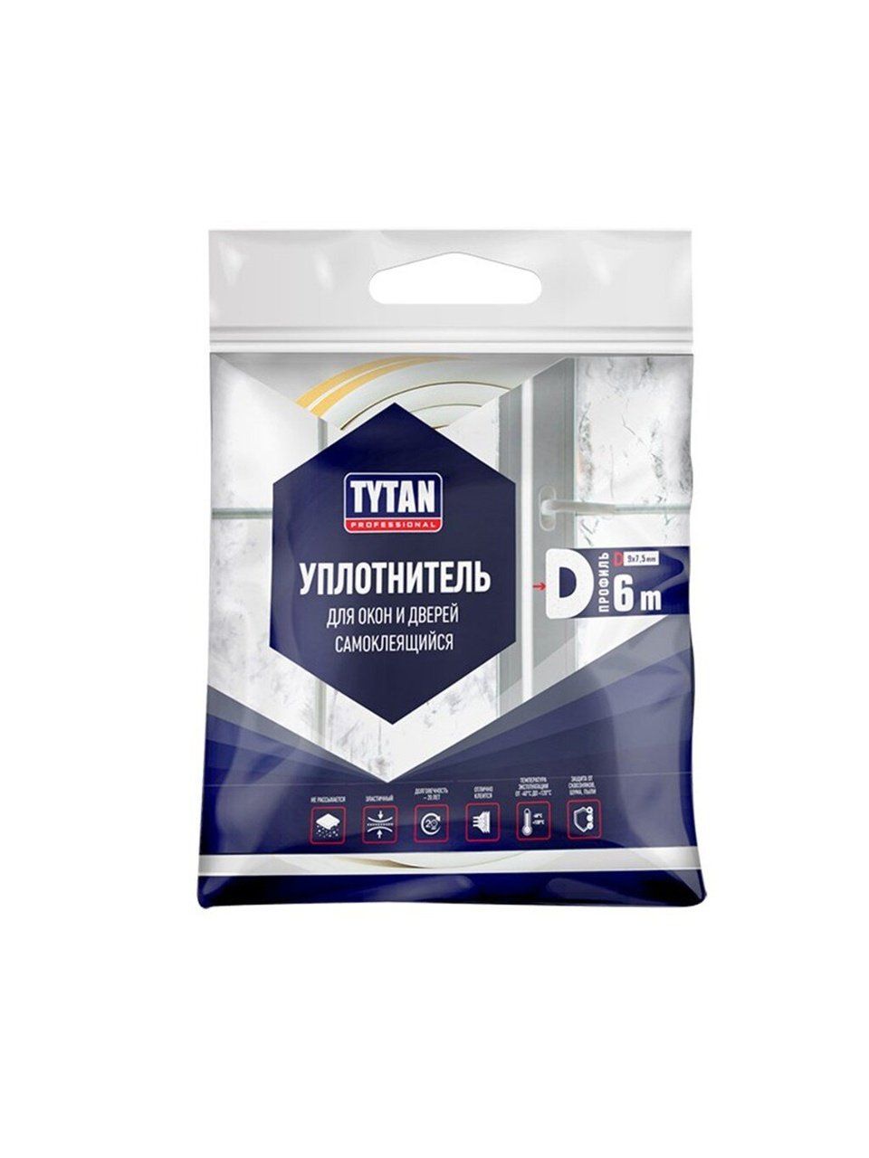 Уплотнитель Tytan D-профиль, самоклеящийся, 9х7.5 мм, 6 м, белый
