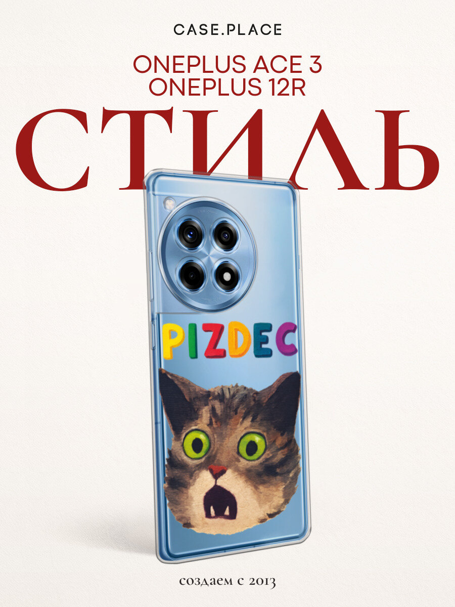 Чехол на OnePlus Ace 3/12R / Ван Плас Асе 3/12R с принтом Испуганный котик с надписью, прозрачный