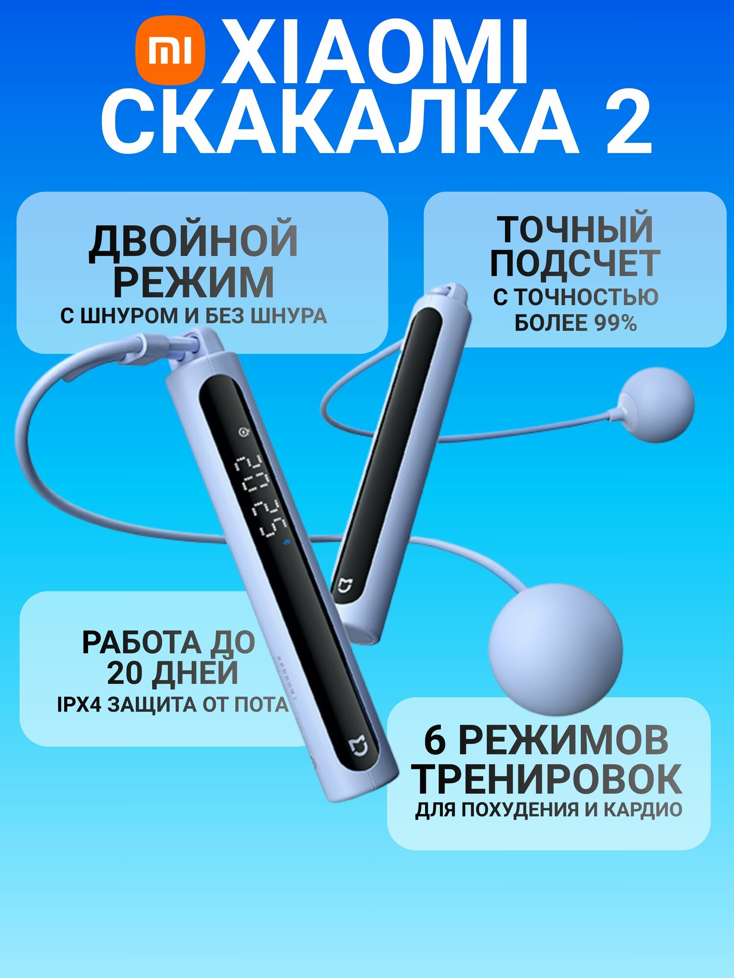 Умная скакалка Mijia Smart Skipping Rope 2, двойной режим, точный подсчет, приложение Mi Home, фитнес для дома