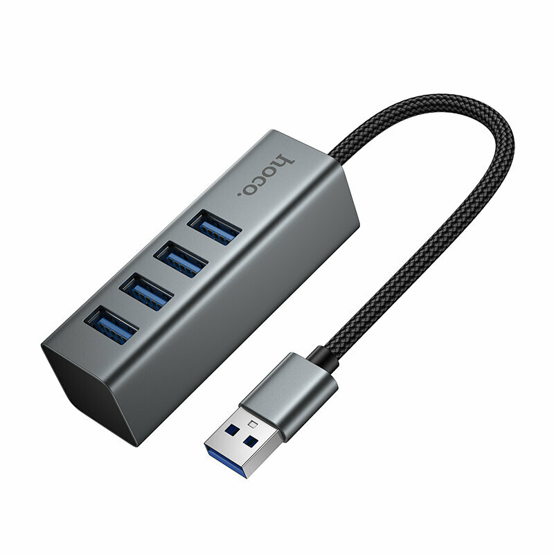 HUB адаптер Hoco HB1B 4 in1, USB-A to USB3.0*4, металлический корпус, 20 см кабель, Серый
