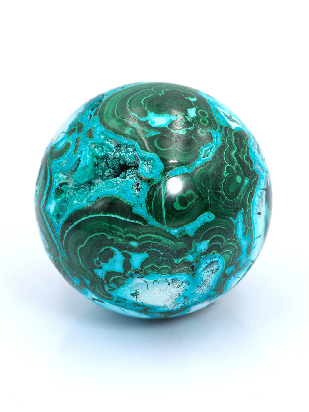 Малахит с хризоколлой шар с природными полостями, натуральный камень/минерал (4,4-4,6 см)