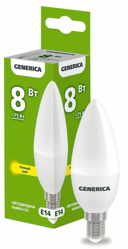 Лампа светодиодная C35 8Вт свеча 3000К E14 230В GENERICA LL-C35-08-230-30-E14-G-10 шт