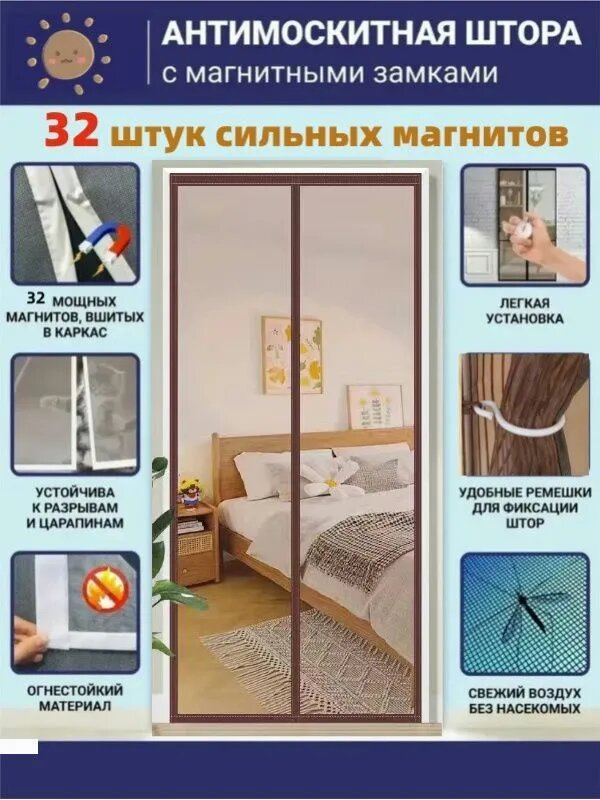 Сетка антимоскитная на дверь с магнитными замками 32 штуки сильных магнитов огнестойкий материал