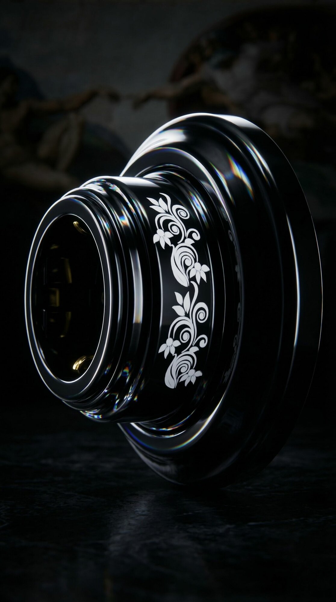 Розетка с заземляющим контактом с декоративной рамкой, цвет черный с белым декором