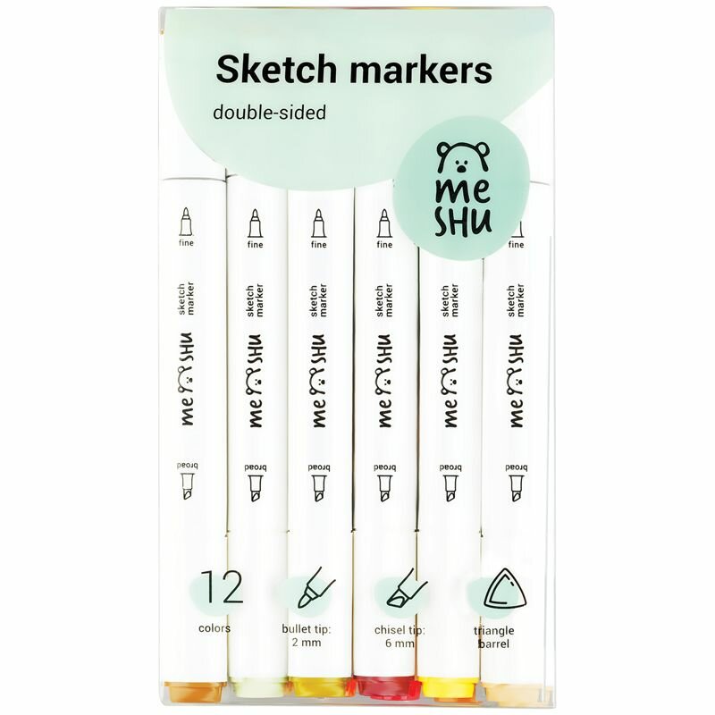 Набор двусторонних маркеров для скетчинга MESHU 12цв, цвета леса, корпус трехгранный, пулевид./клиновид. наконечники, ПВХ-бокс
