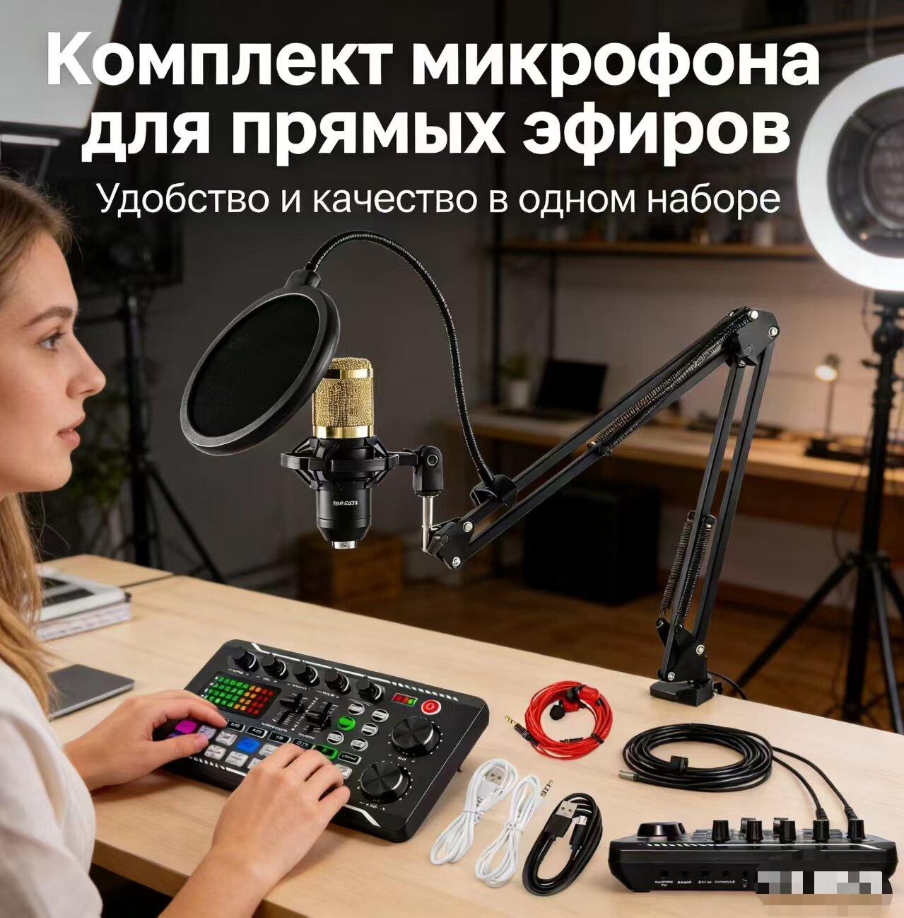 Студийный комплект для стрима и записи – микрофон с кронштейном и поп-фильтром + звуковая карта для ПК и ноутбука