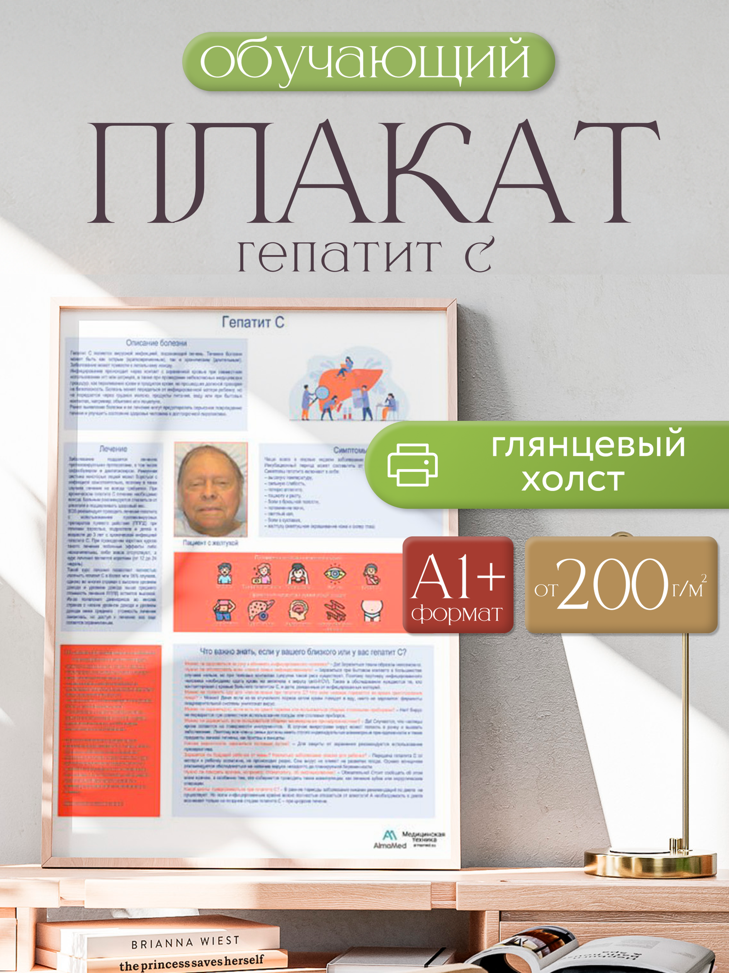 Гепатит C, медицинский плакат, глянцевый холст от 200 г/кв. м, размер A1+