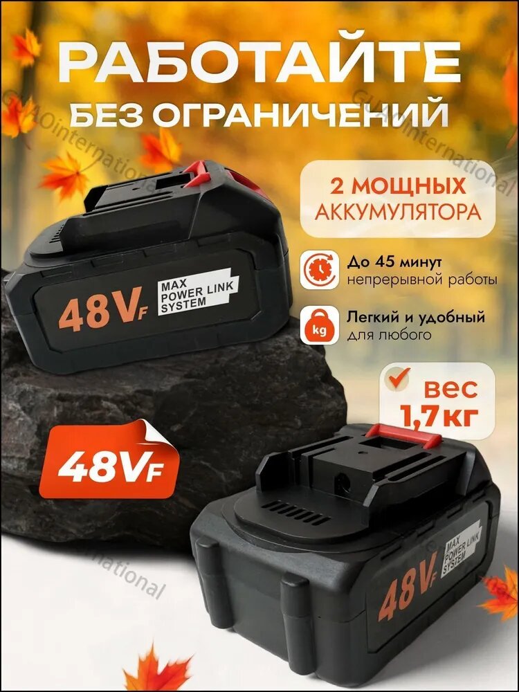 Воздуходувка 48V с 2 АКБ в комплекте, мощная, для уборки, сухая, с HEPA фильтром, автономная, кейс, черный — фото 1