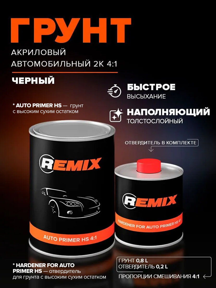 Грунтовка для автомобиля 2к 4+1 HS с высоким сухим остатком черная 0,8л+0,2л отвердитель, акриловая / REMIX /