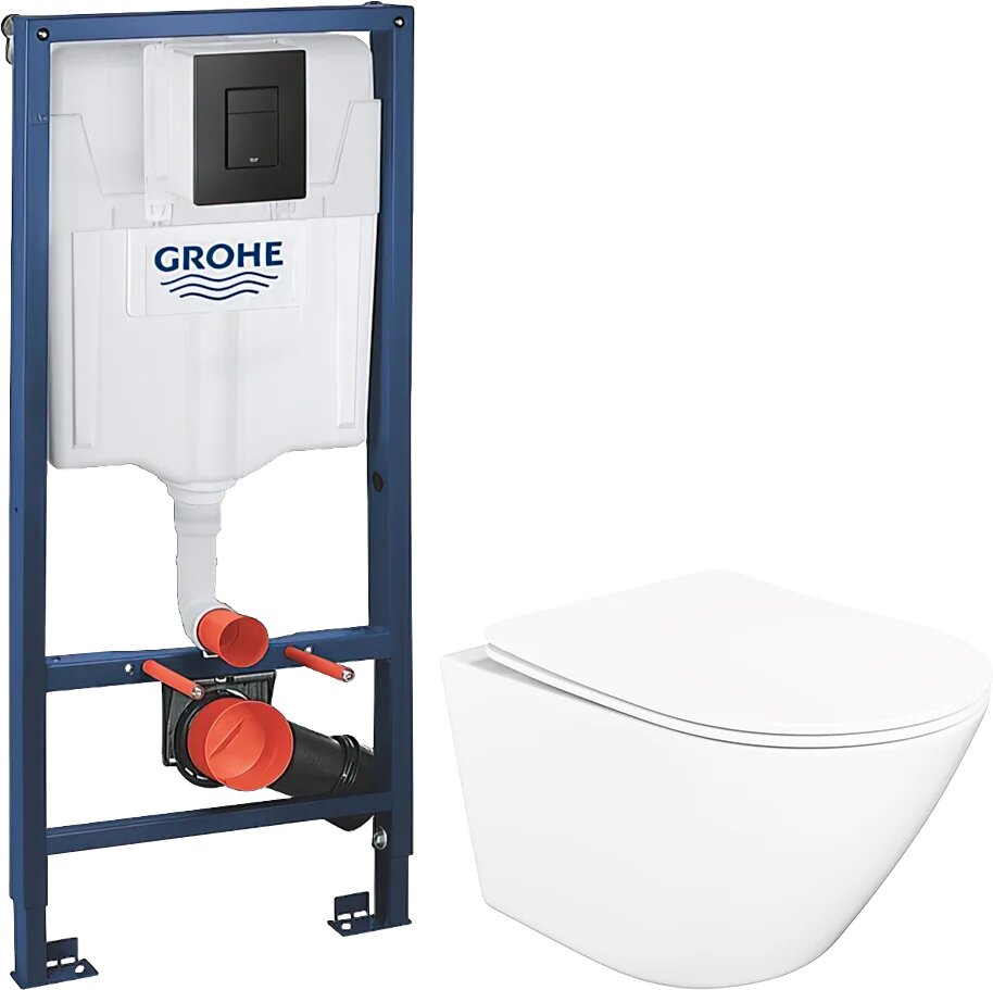 Комплект 5 в 1 Унитаз подвесной STWORKI Левангер S07401WH, безободковый, смыв Торнадо, с микролифтом, антивсплеск / Инсталляция с кнопкой Grohe Solido 38811KF0 цвет черный / Комплект креплений