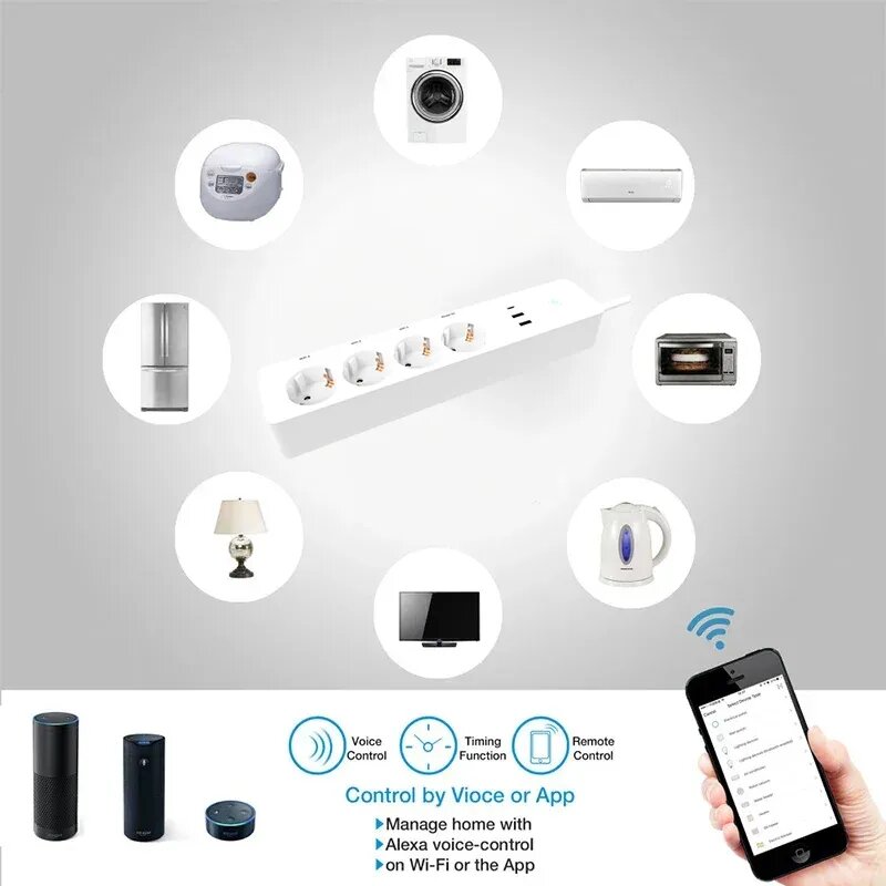 Умная розетка с Wi-Fi 4 розетки + 3 порта USB для зарядки Функция таймера Голосовое управление через приложение Tuya