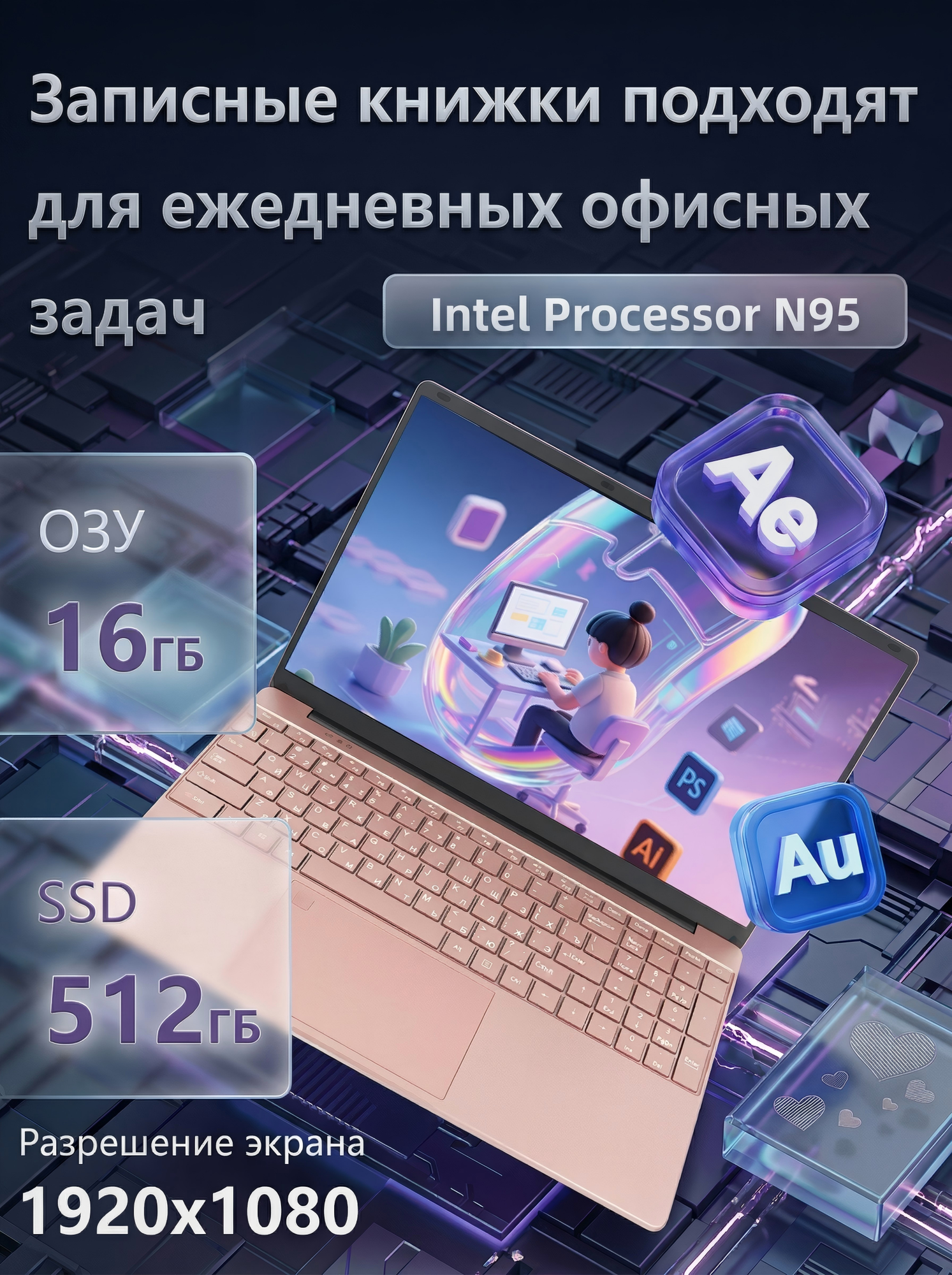 15.6" Ноутбук для работы и учебы, , RAM 16 ГБ, SSD 512GB Intel N95, Windows 11 pro, цвет Розовый, русская раскладка