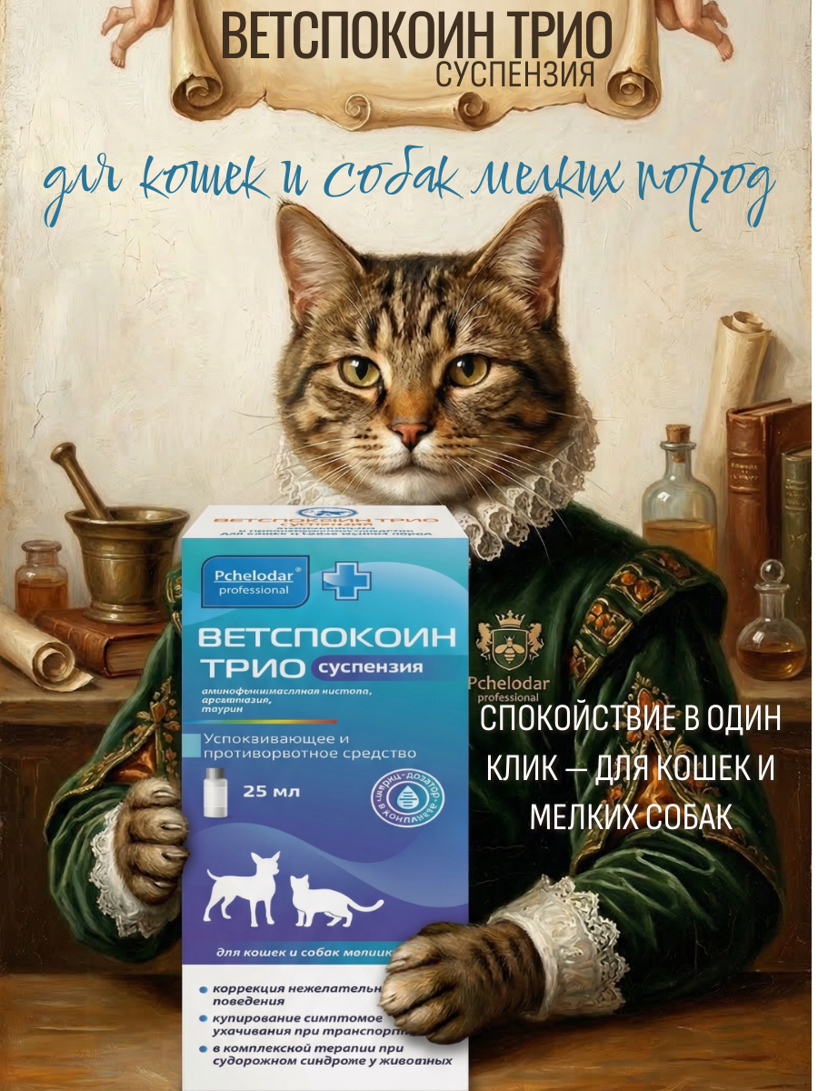 Ветспокоин Трио суспензия для кошек и собак мелких пород, 25 мл