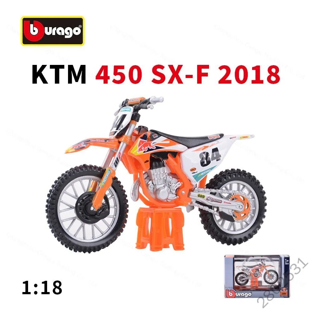 Bburago KTM 450 SX-F 2018 1:18 масштабная модель мотоцикла, металл/пластик, для детей от 3 лет